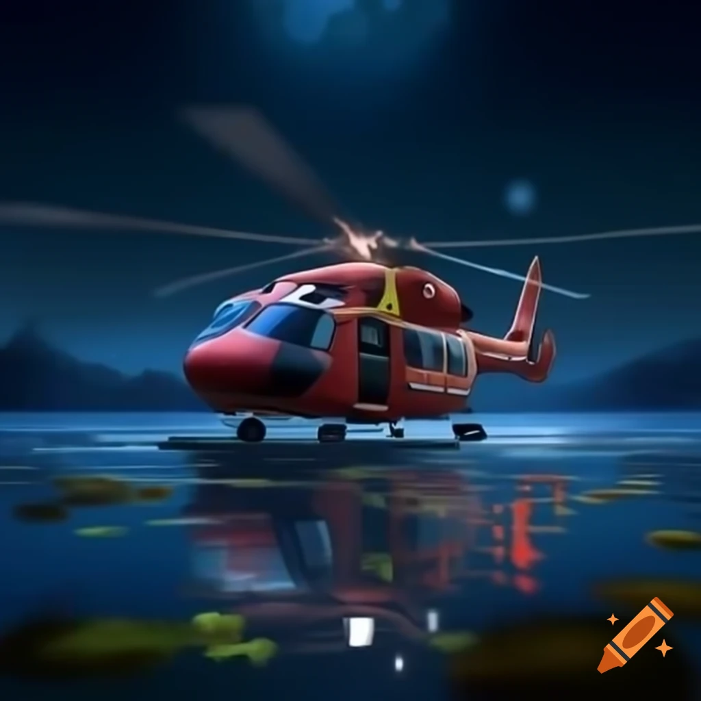 Rescue helicopter flying over calm waters at night with search light on ...