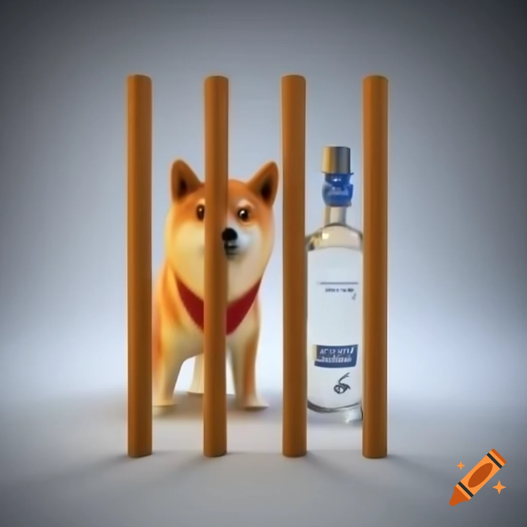 3D illustration of Shiba Inu dog with an original vodka bottle on Craiyon