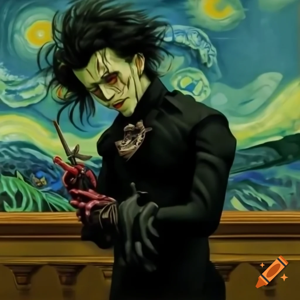 Edward scissorhands full-body standing, head lowered, looking sadly at ...