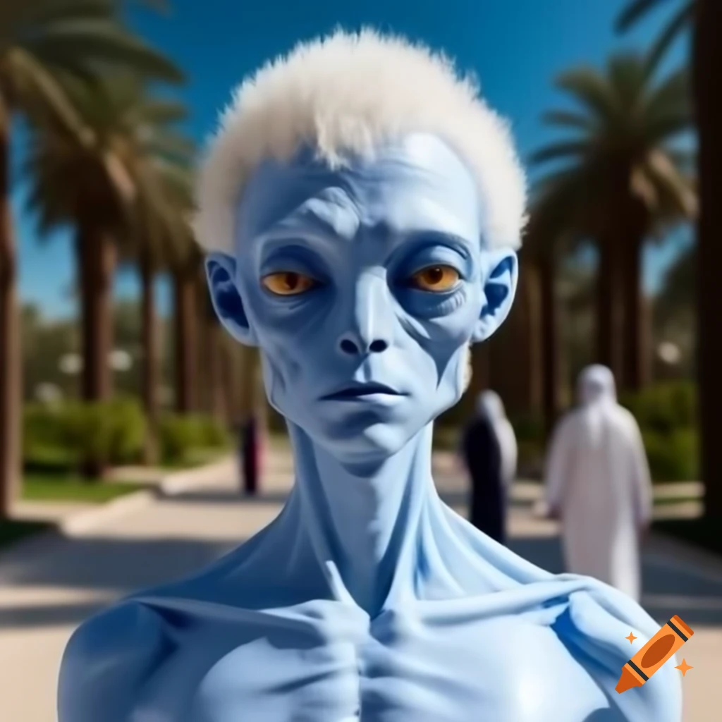 Humanoid alien man with white hair and blue skin walking in palm tree ...