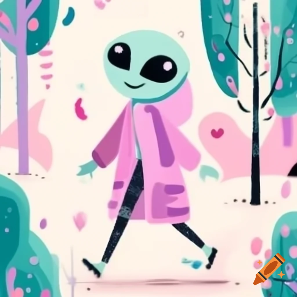 Alien walking in Paris, capturing a happy romantic pastel scene on Craiyon