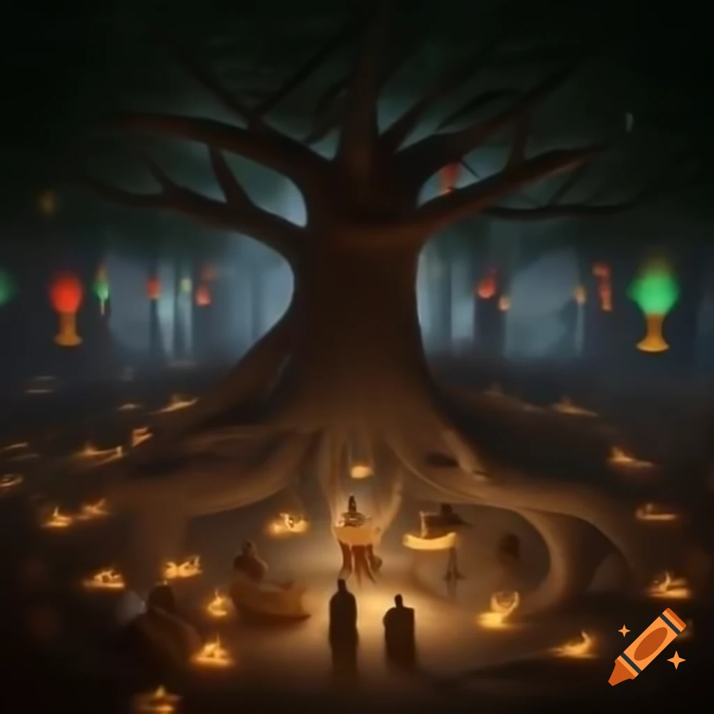 Villagers performing sacred ritual under large banyan tree in tuana ...