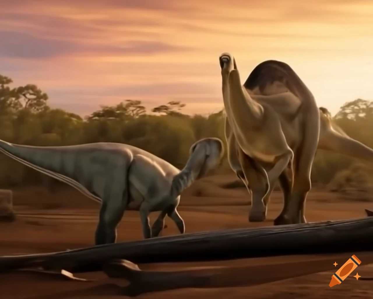 Cinnamon and grey striped hadrosaurus in Australian outback at golden ...