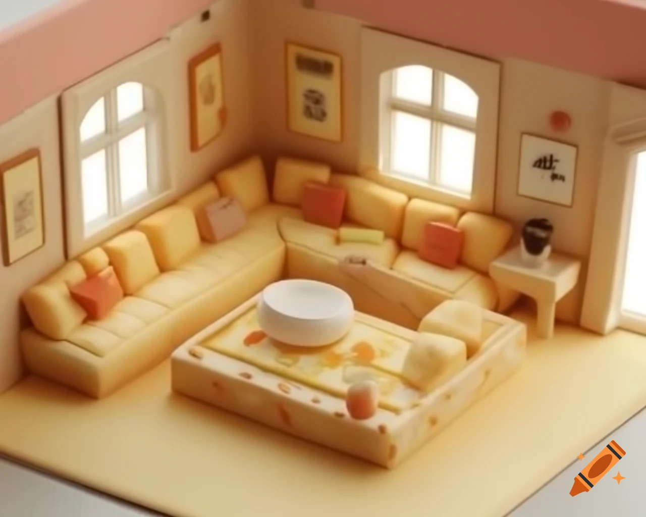 Miniature living room designed with cheese patterns and textures on Craiyon