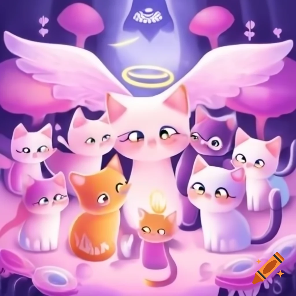 Group of cute angel kittens with wings and halos in pink and purple ...