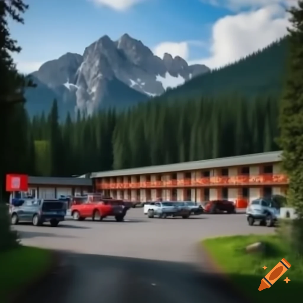 Motel in mountains and forest with cars, people, and gas station in 4k ...