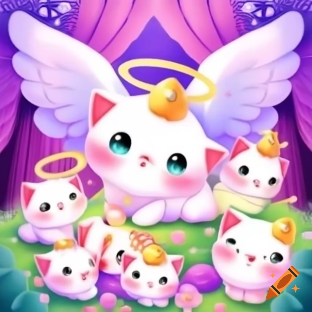 Anime-style cute angel kittens with wings and halos in a pink and ...