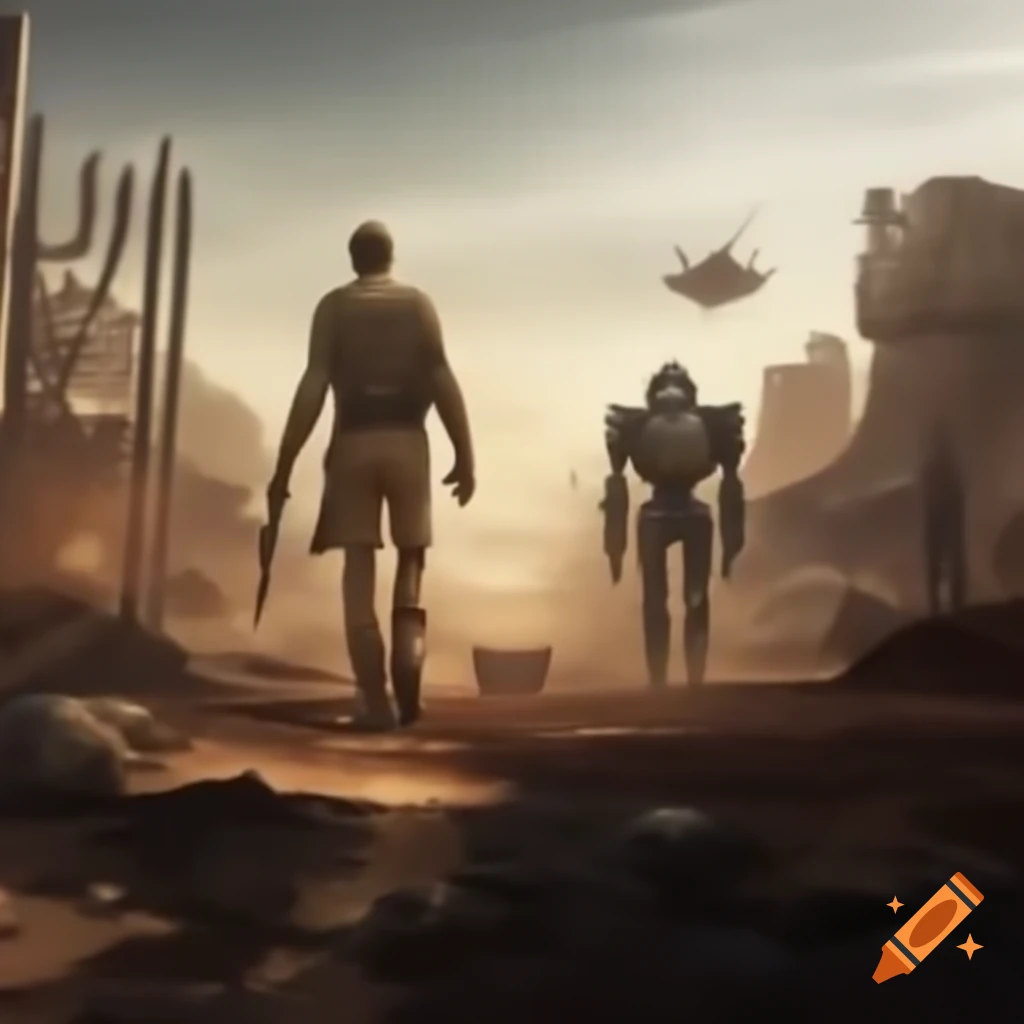 Post-apocalyptic scene with lone survivor and robot companion in desert wasteland on Craiyon