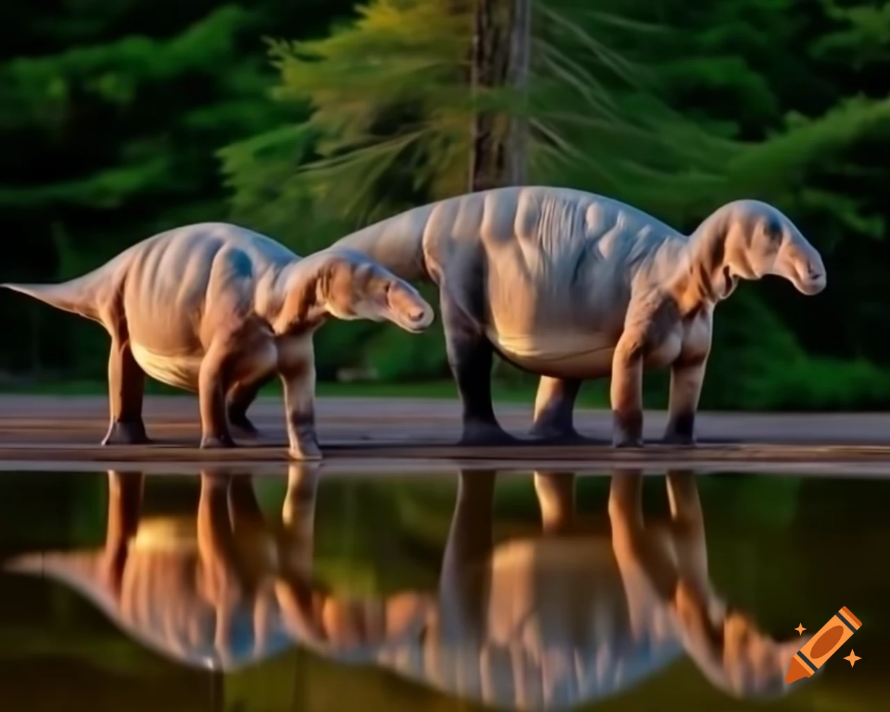 Hadrosaurus dinosaurs by muddy lake bank in british columbia under warm ...
