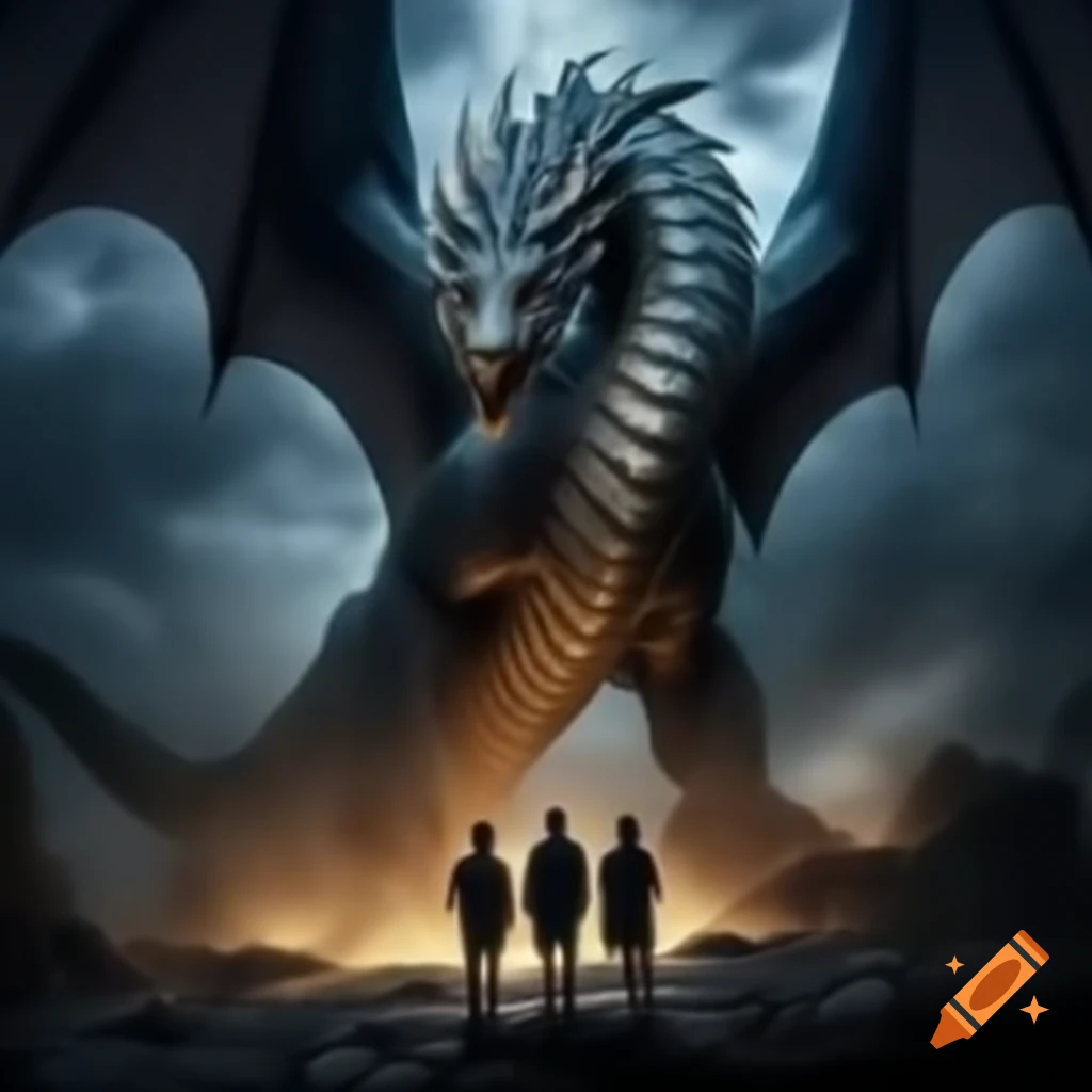 Large dragon flying in cloudless night with three people observing from ...