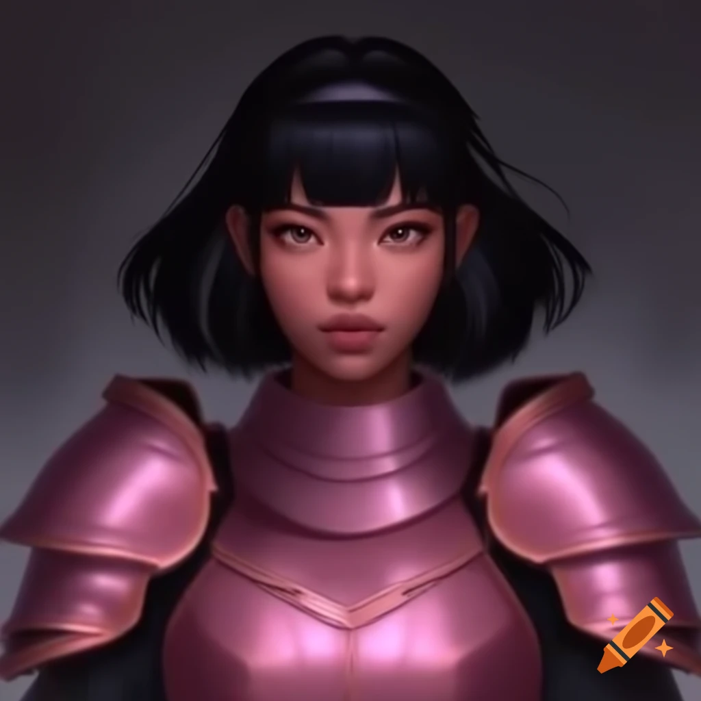 Character in pink rose armor with black hair on Craiyon