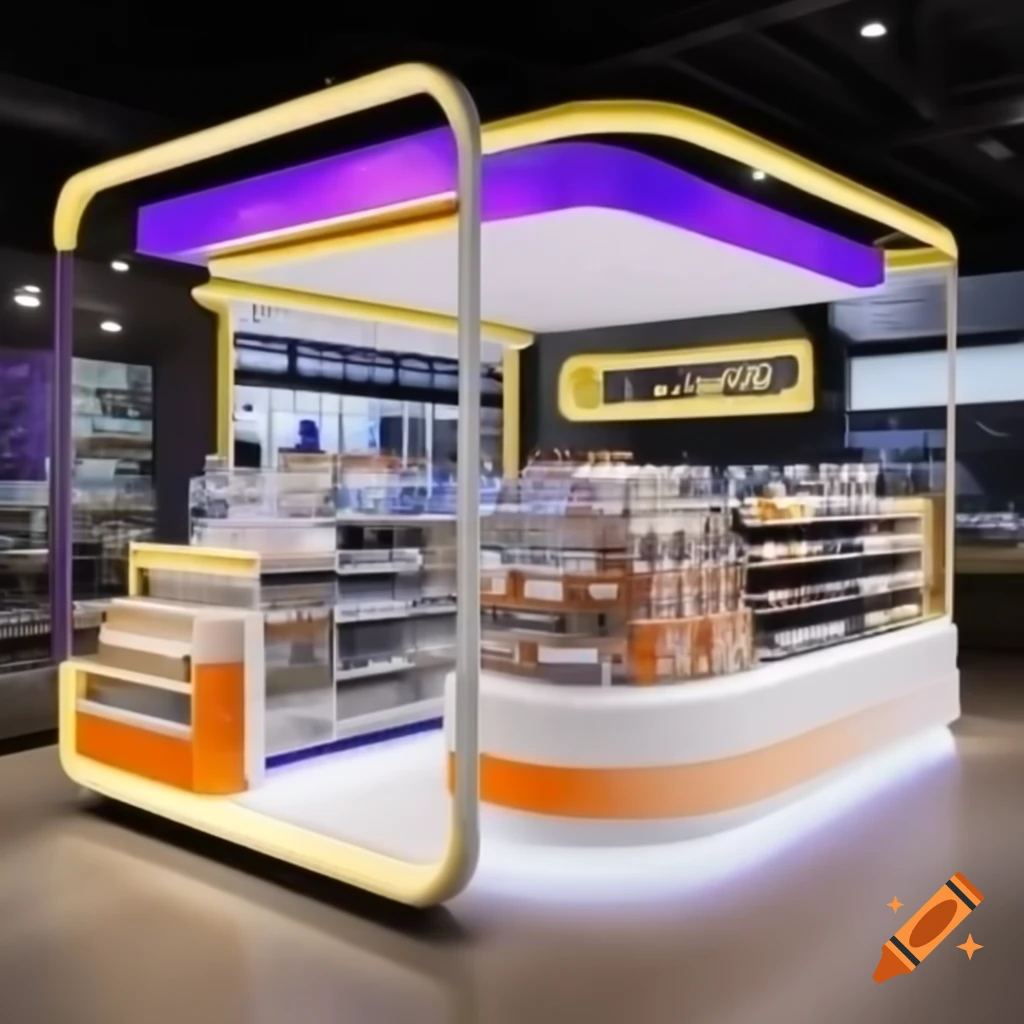Bright futuristic shop interior with white, orange, yellow, blue, and ...