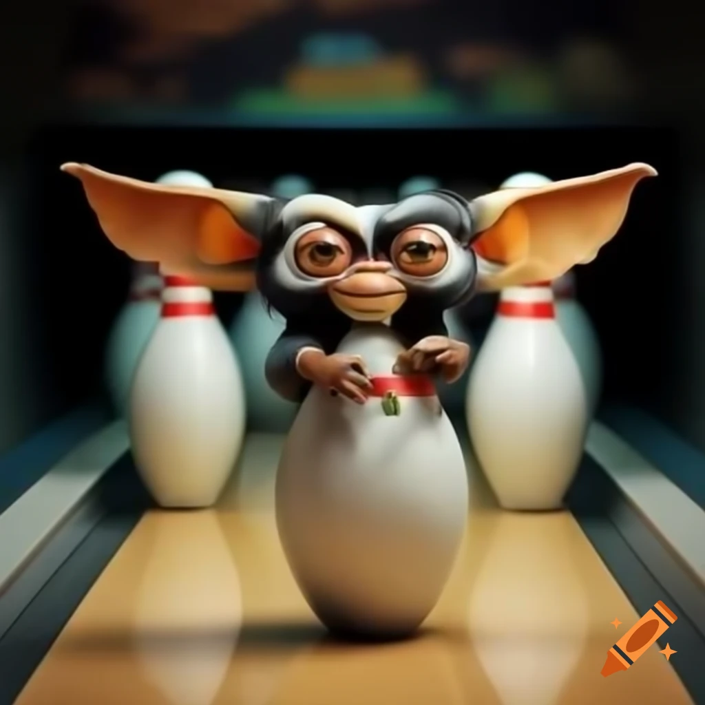 Three gremlins bowling in a playful setting on Craiyon