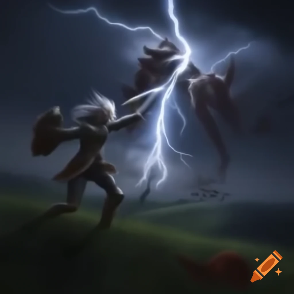 Female knight battling fire demon on hill with lightning striking white ...