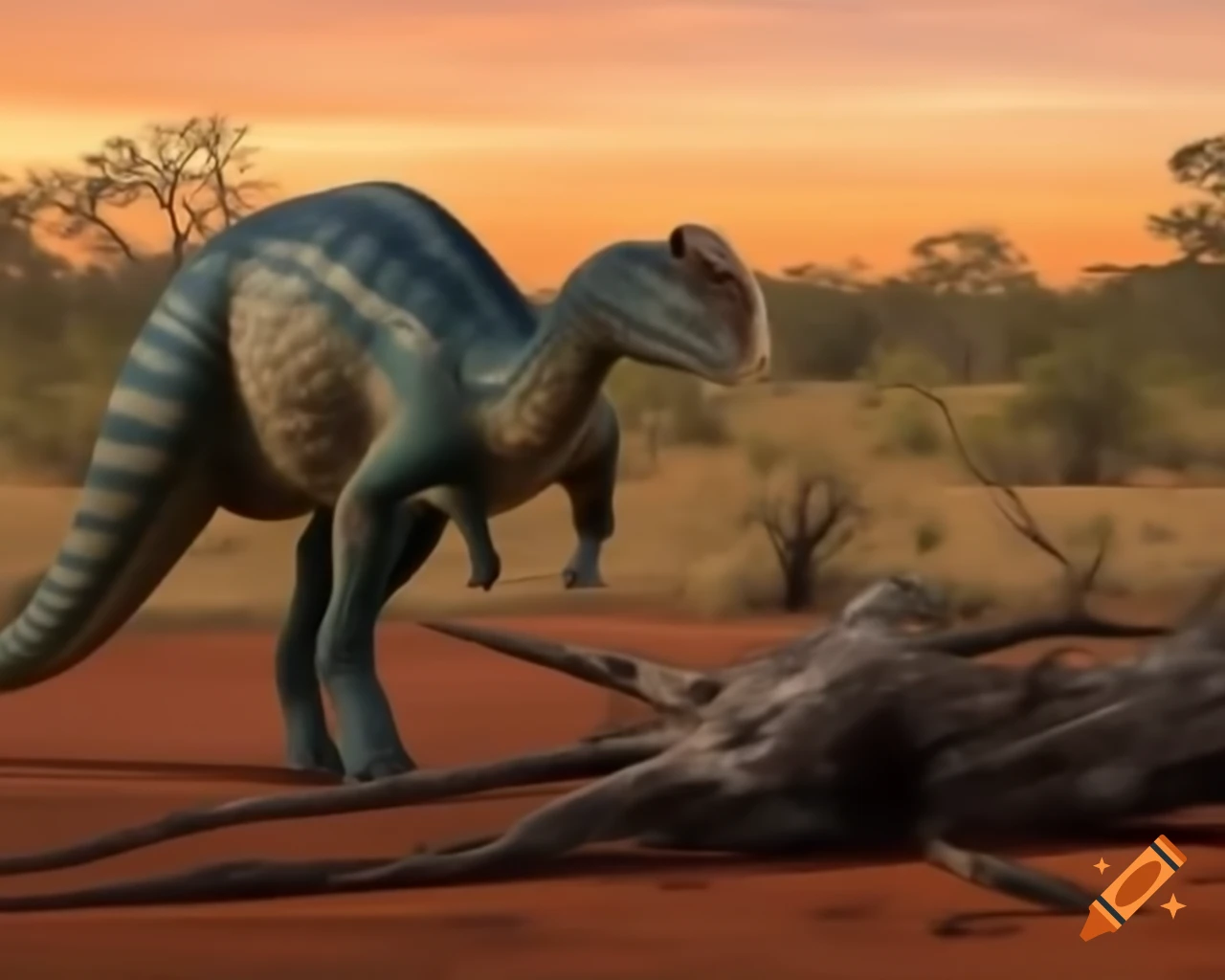 Cinnamon and grey striped hadrosaurus in Australian outback during ...