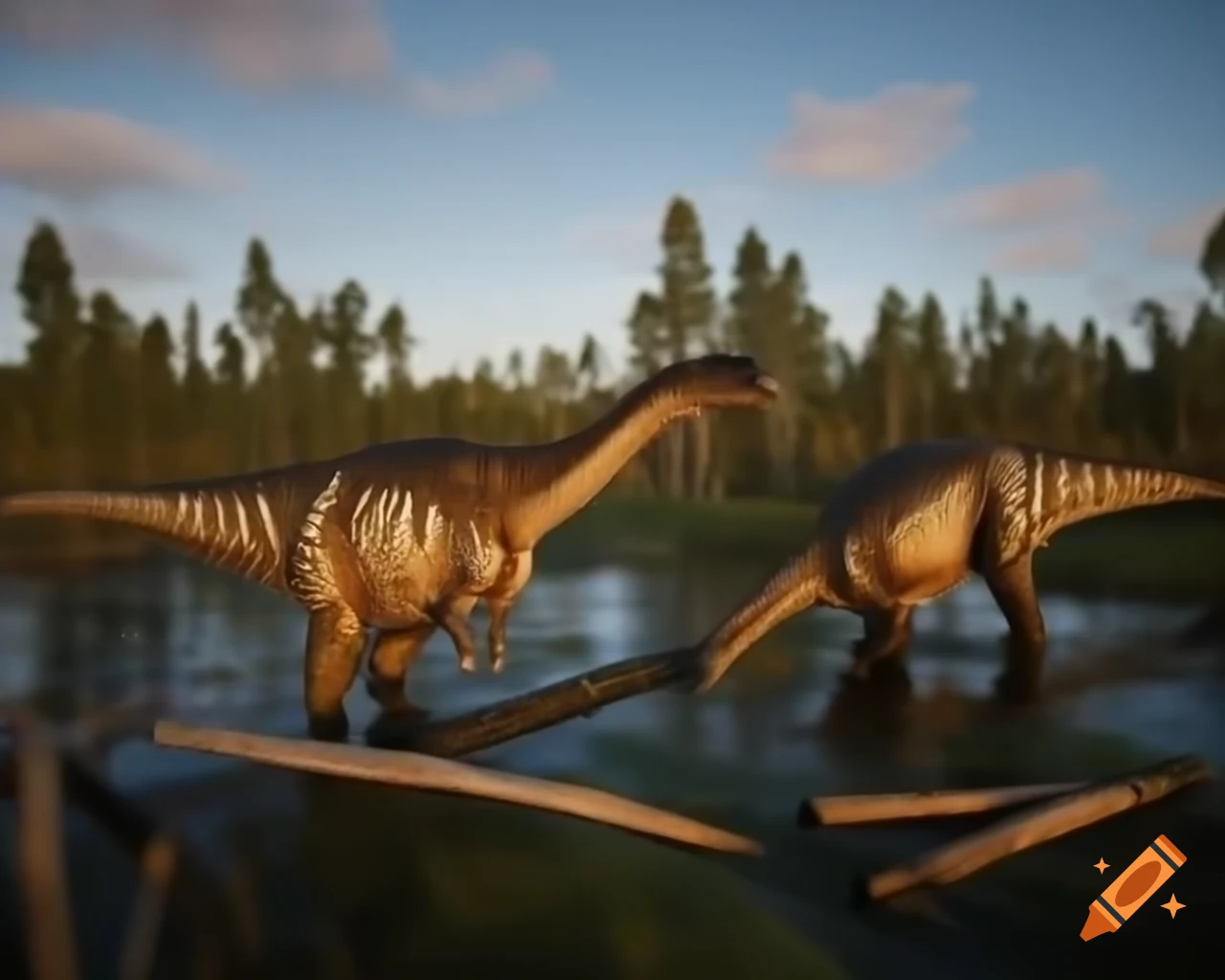 Light grey diplodocus walking along muddy lake bank in british columbia ...