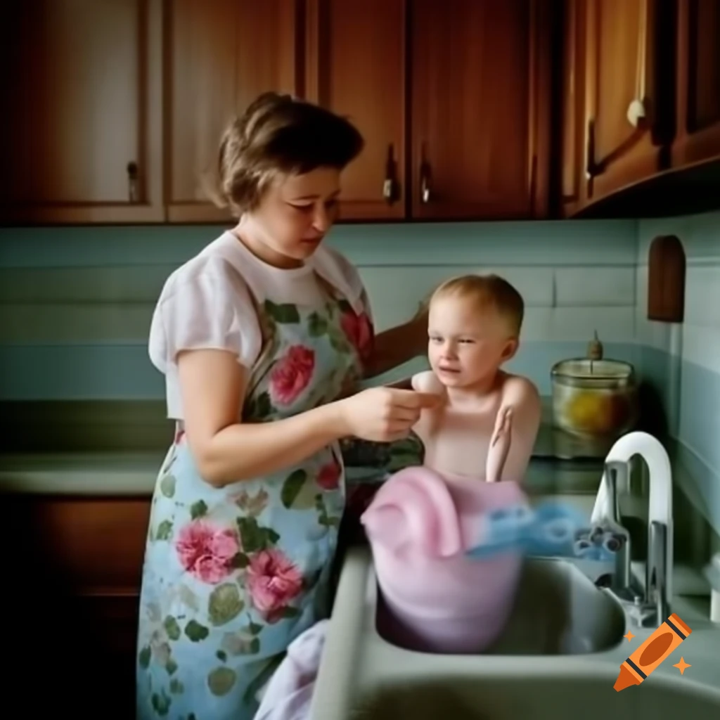 Mother and son washing laundry in kitchen wearing floral ruffle aprons ...