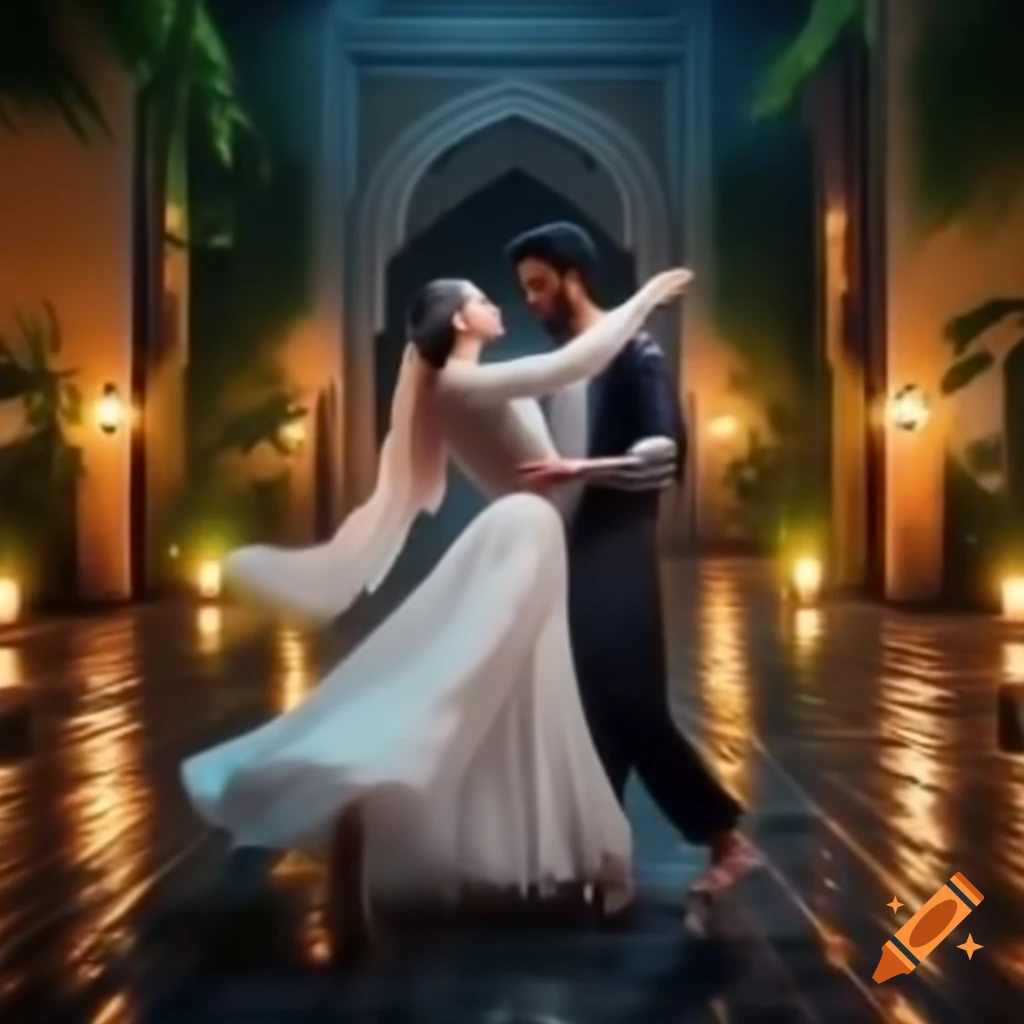 Couple dancing in the rain in picturesque Arabian setting, dressed in traditional attire on Craiyon