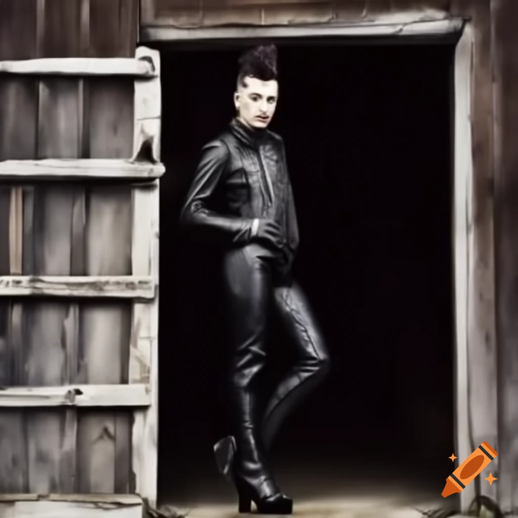 Punk rocker with mohawk hairstyle, black leather jacket and trousers ...