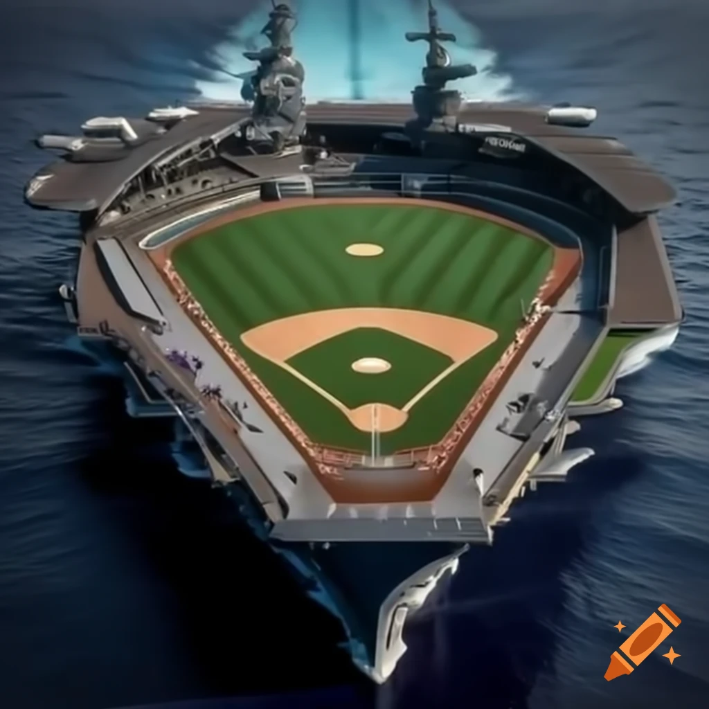 Realistic photograph of a baseball field on a military aircraft carrier ...