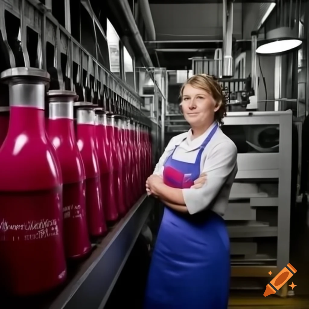 Shannon next to bottling line overflowing with pink Sass n' Zest sauce ...