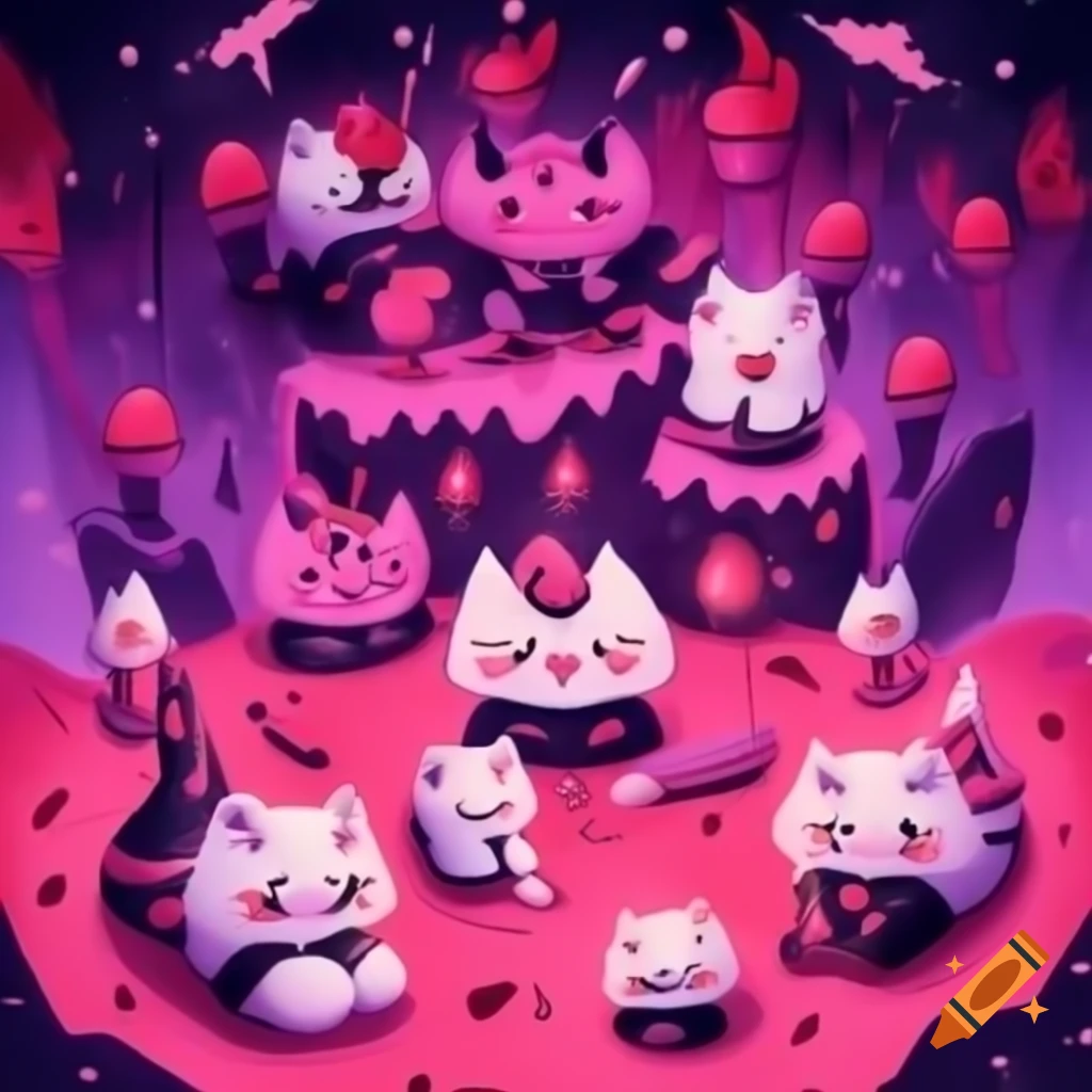 Cute devil horned kittens in pink and purple themed hell scenery, anime ...