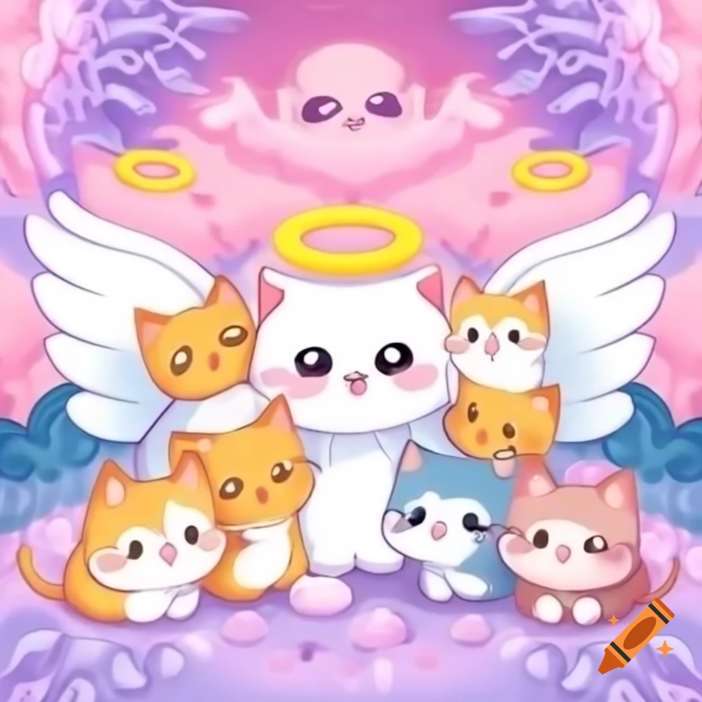 Cute angel kittens with wings and halos in pink and purple heaven ...