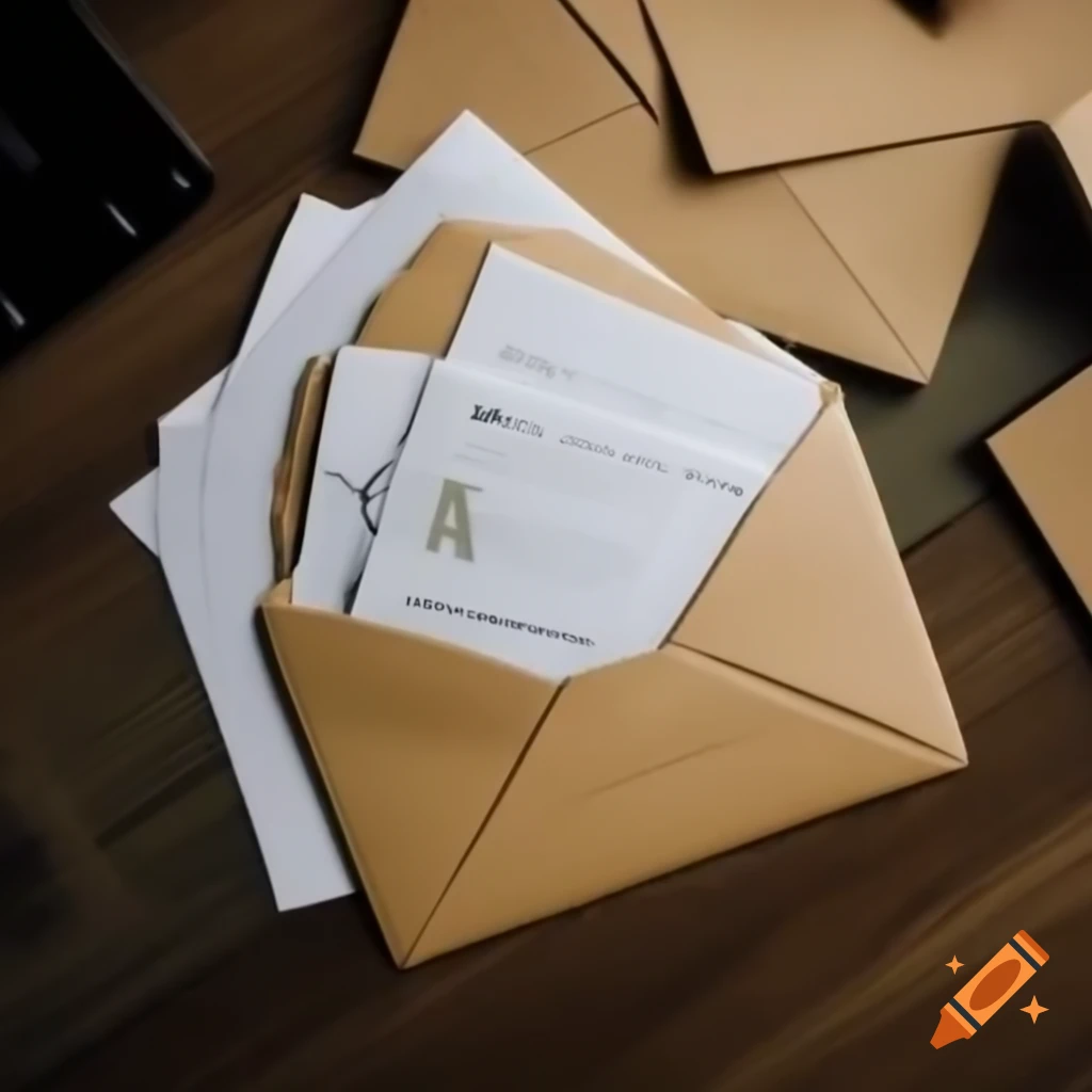 Envelopes and opened letters arranged on a desk on Craiyon