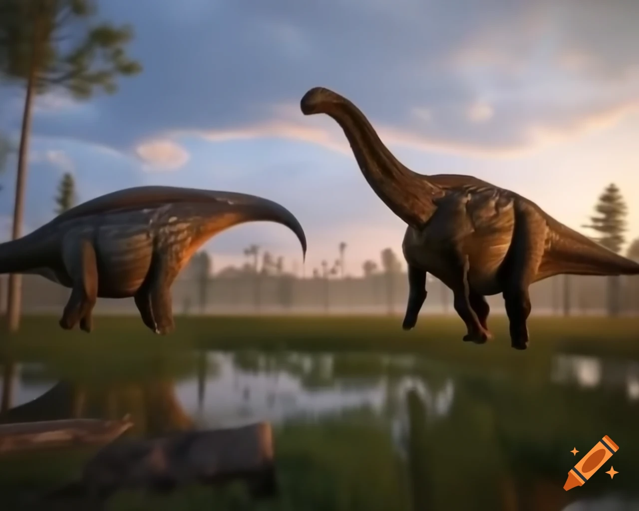 Cinnamon and grey striped hadrosaurus in marshland during golden hour ...