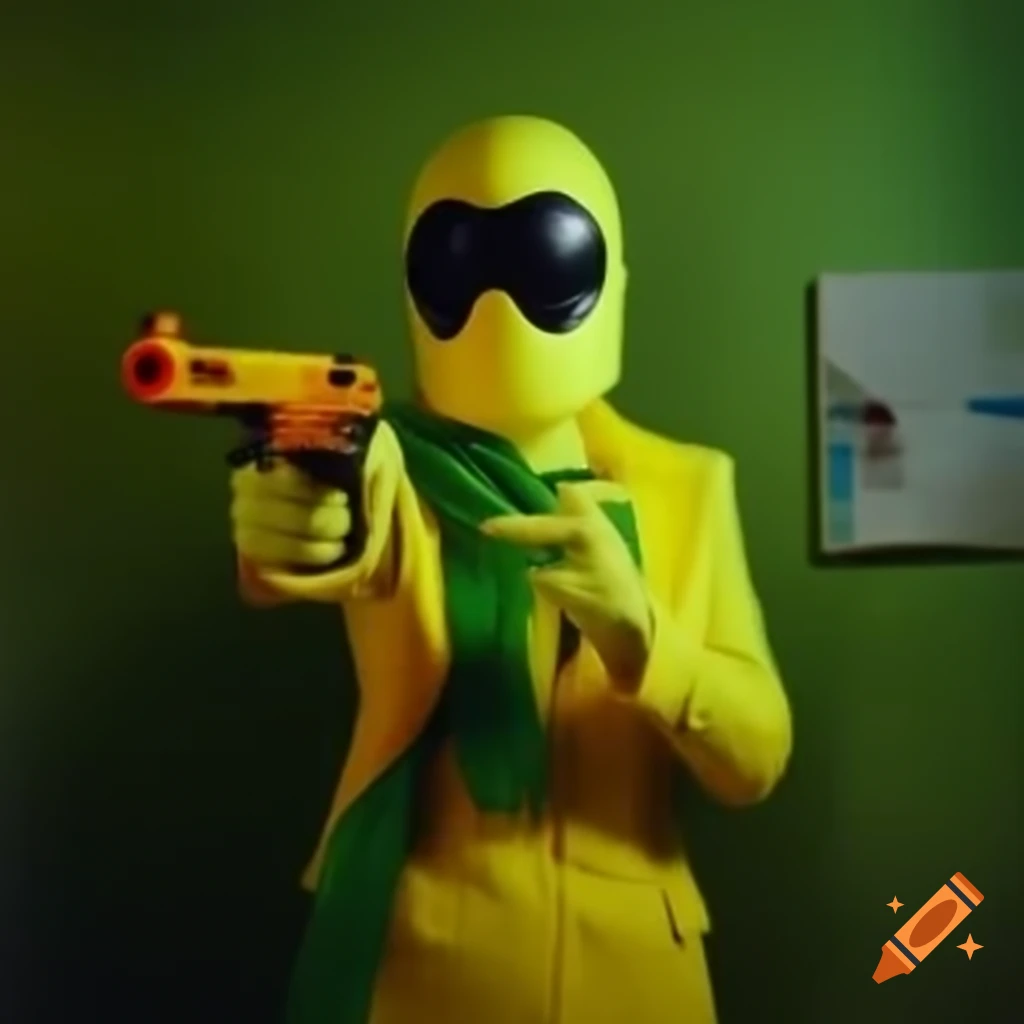 Secret agent in yellow and green hiding behind a wall with a fake gun ...