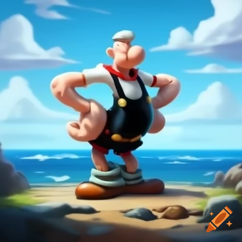 Giant Popeye character in front of the sea on Craiyon