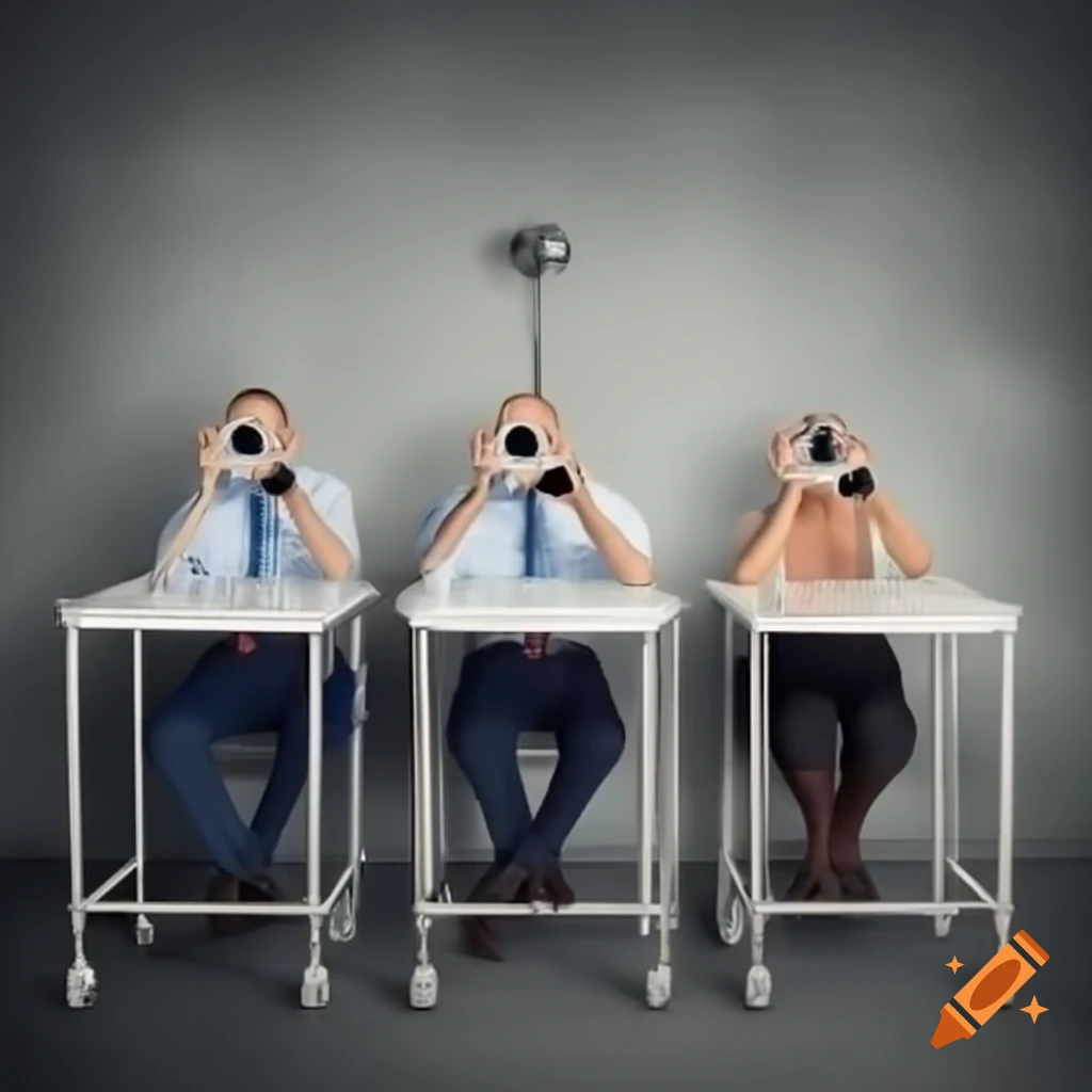 Three operators sitting at connected tables holding thermostats on Craiyon