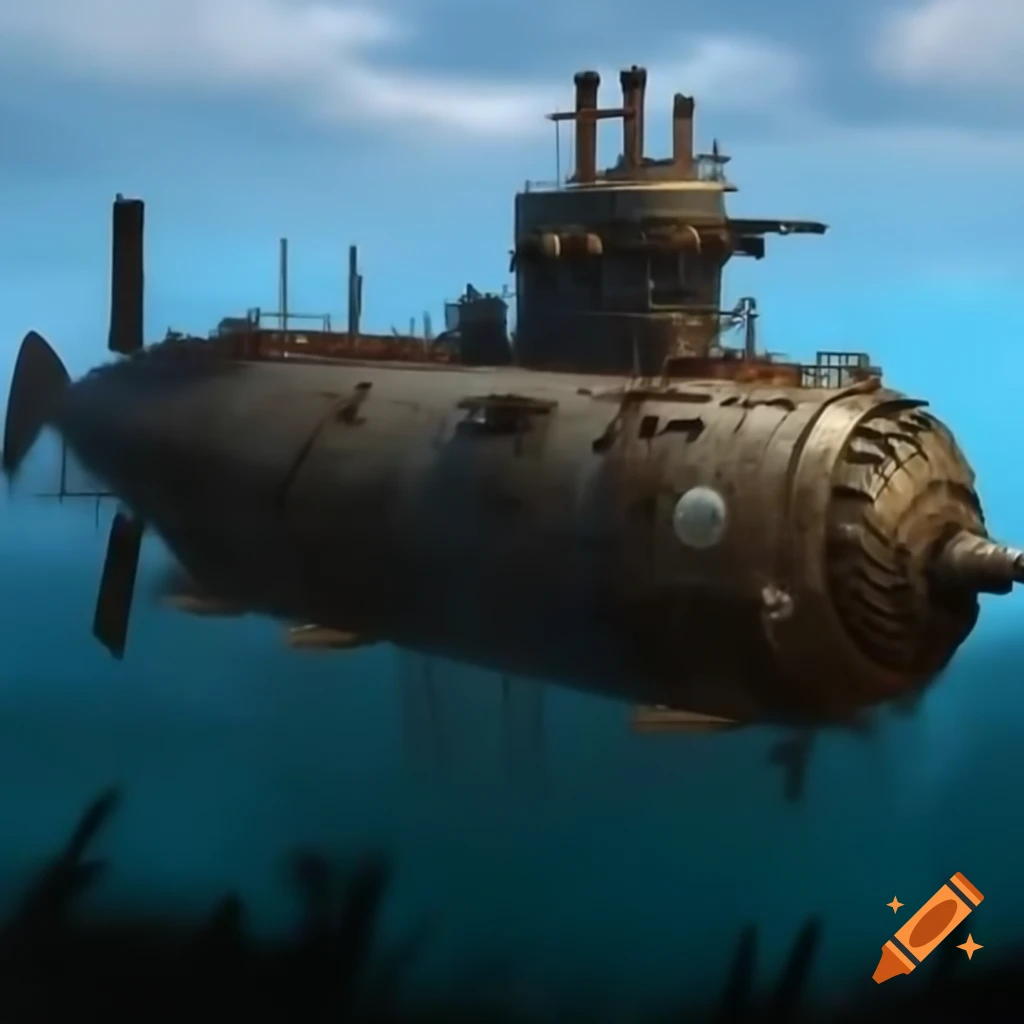 Steampunk submarine submerged underwater with a rusty appearance on Craiyon