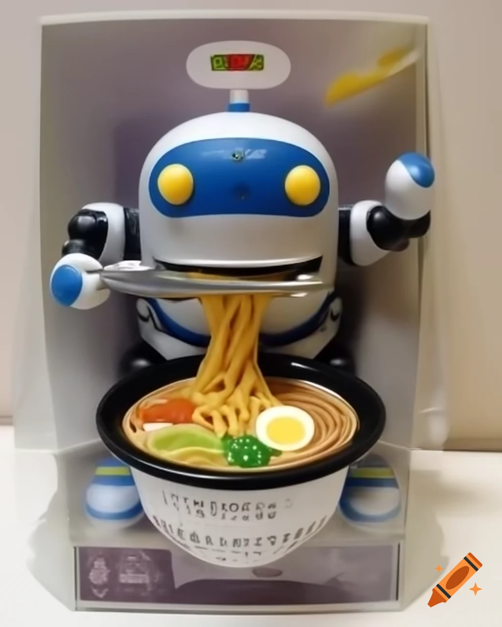 Collectible action figure of robot cooking ramen in packaging on Craiyon