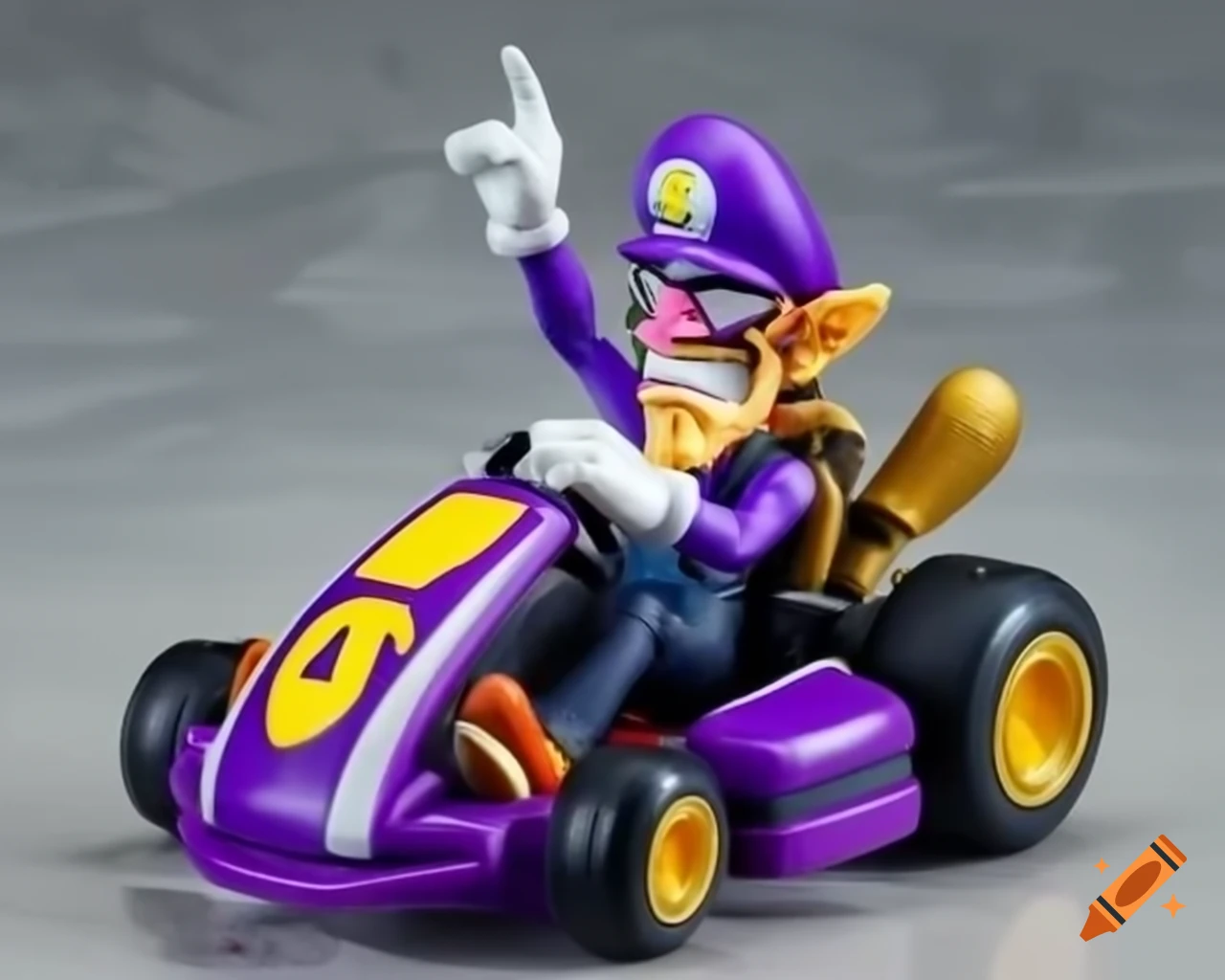 Collectible action figure of Waluigi in kart, packaged on Craiyon