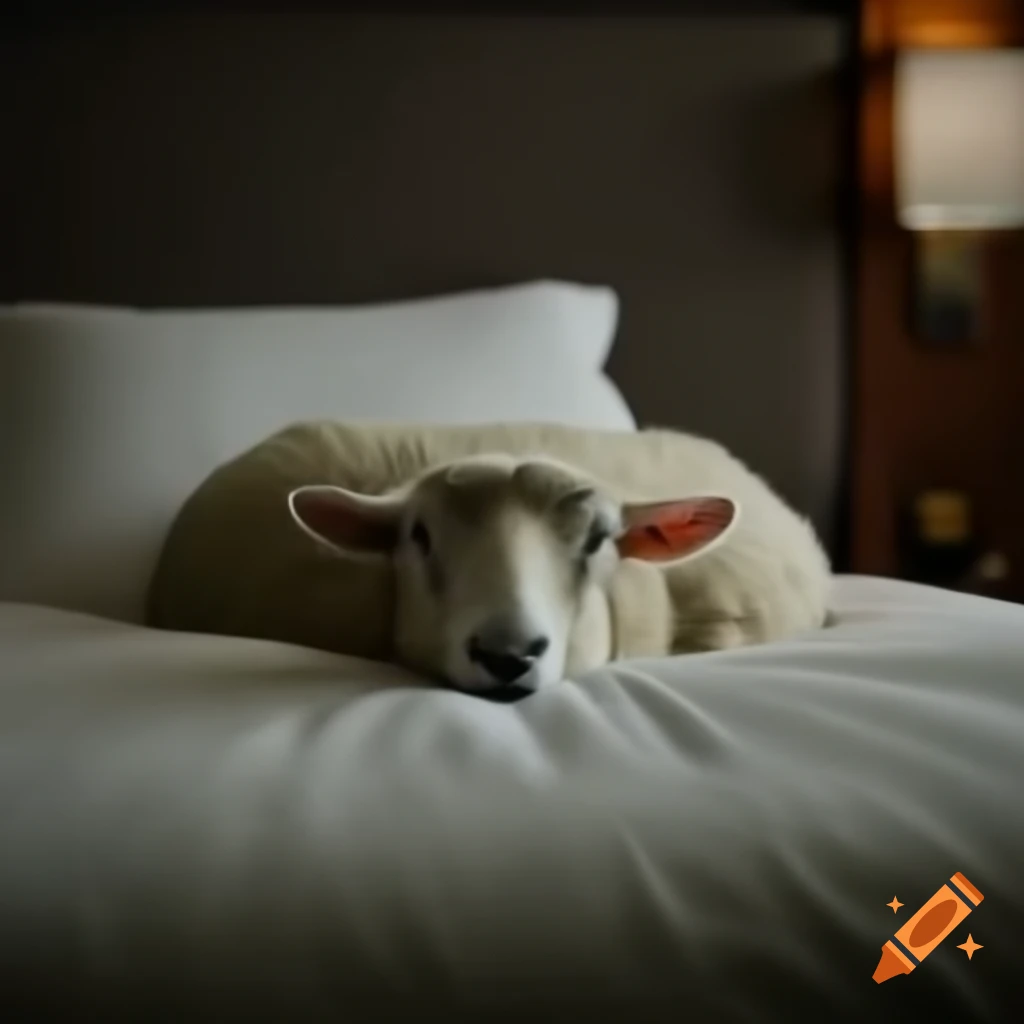 Sheep sleeping in a hotel bed at premier inn on Craiyon