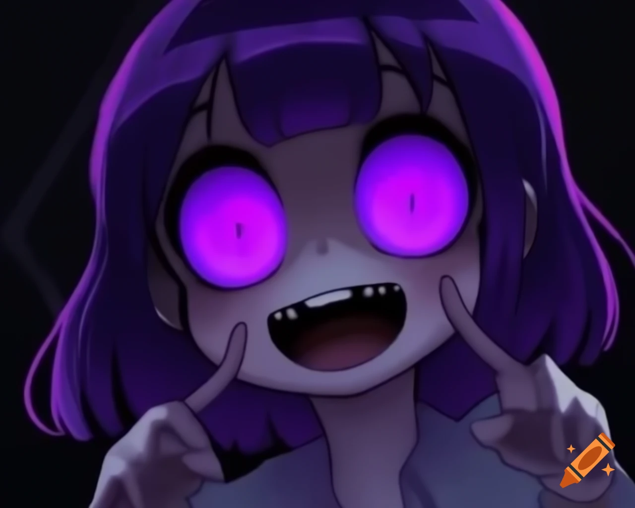 Creepy anime girl with purple colors, smiling and glowing eyes on Craiyon