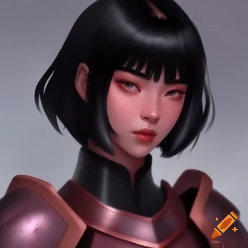 Character named ning wearing rose armor and black bob hairstyle on Craiyon
