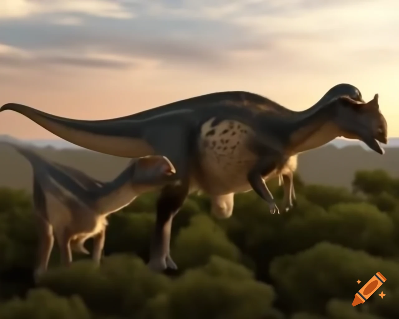 Cinnamon and grey striped hadrosaurus in marshland during golden hour on Craiyon