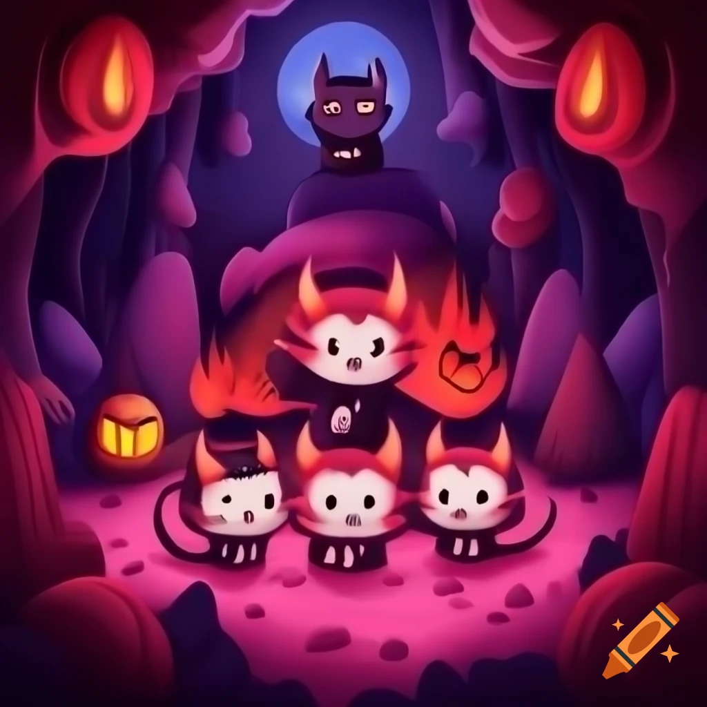 Cute devil horned kittens in pink and purple themed hell scenery, anime ...