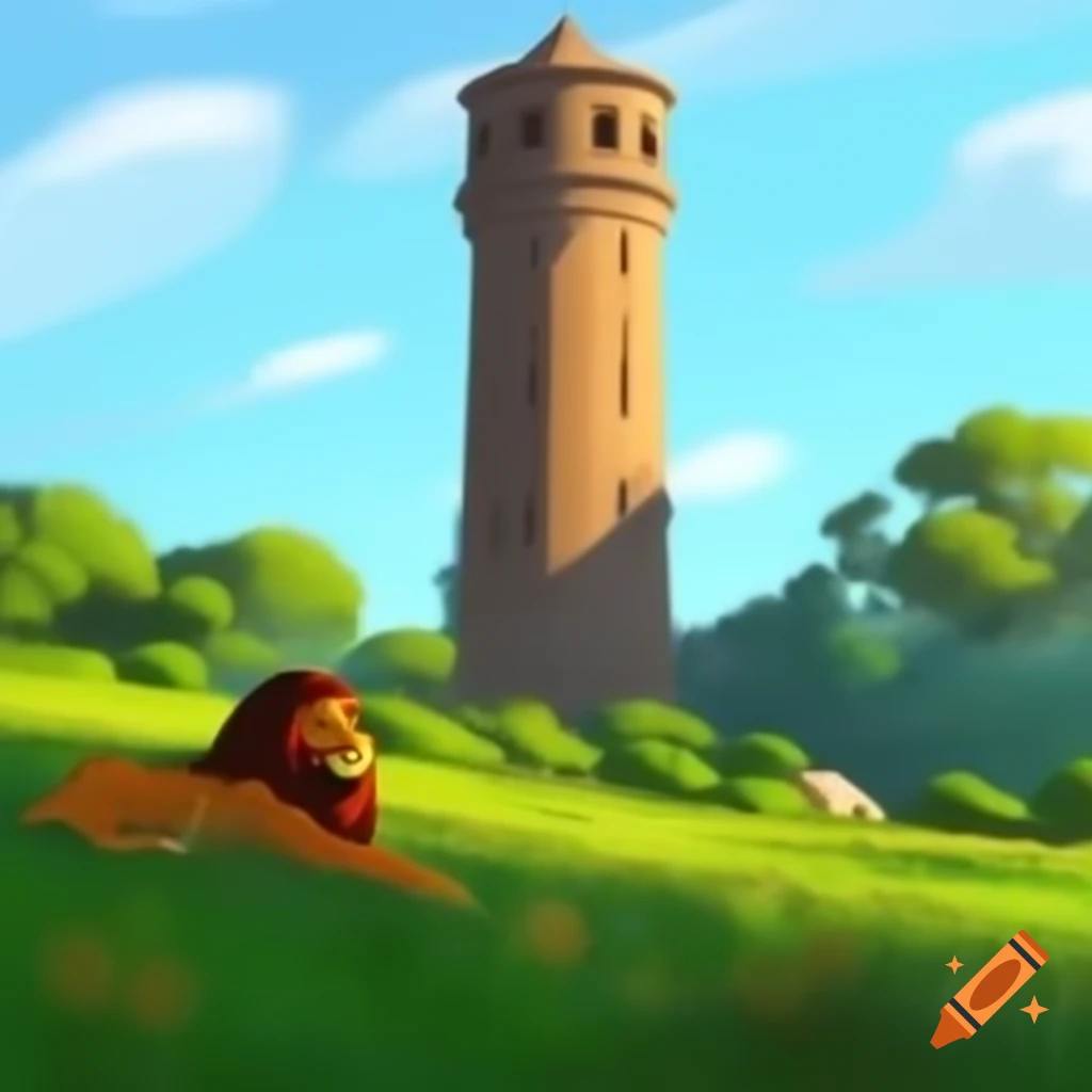 Tall tan tower with lion in green field on Craiyon