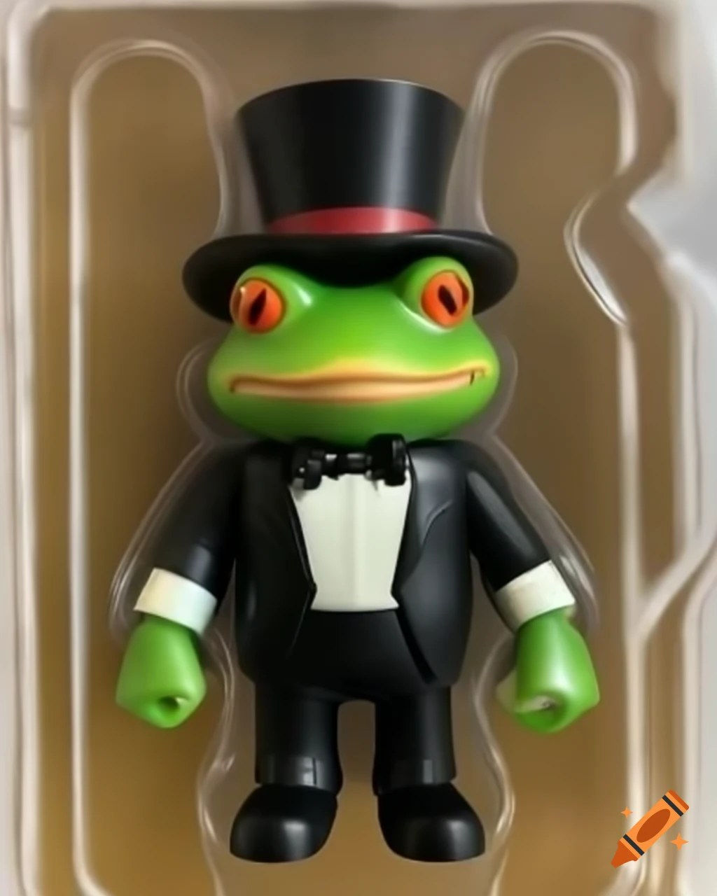 Amigurumi frog wearing black hat and tuxedo on Craiyon