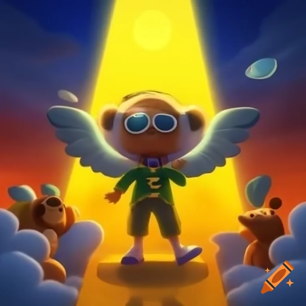 Bold yellow star shining in sky with record player and bear, inspired ...