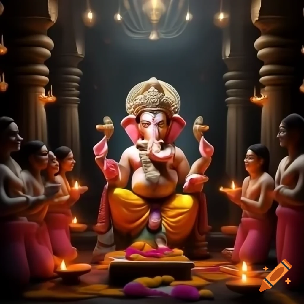 Devotees performing aarti in front of Lord Ganesh idol in traditional ...