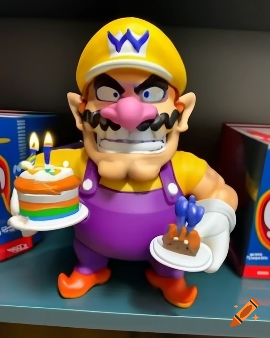 Wario action figure holding birthday cake on shelf in box on Craiyon