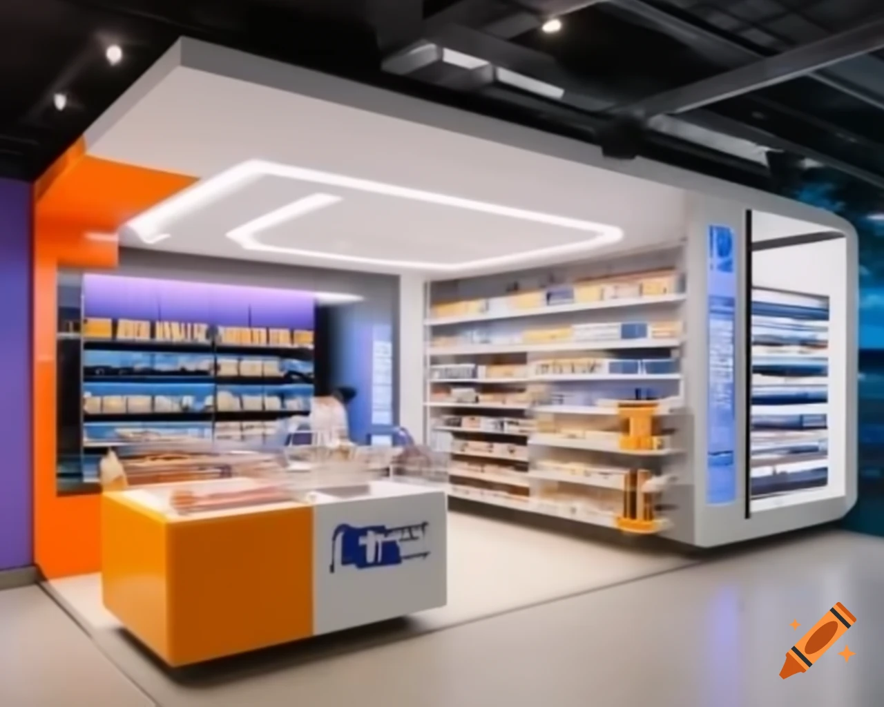 Futuristic shop interior with bright colors and modern design on Craiyon