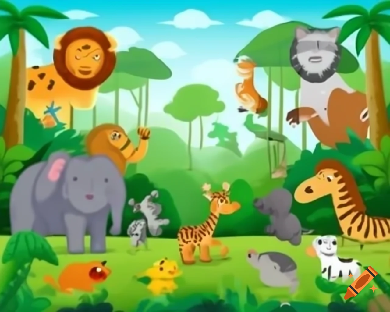 Colorful cartoon rainforest animals background on Craiyon