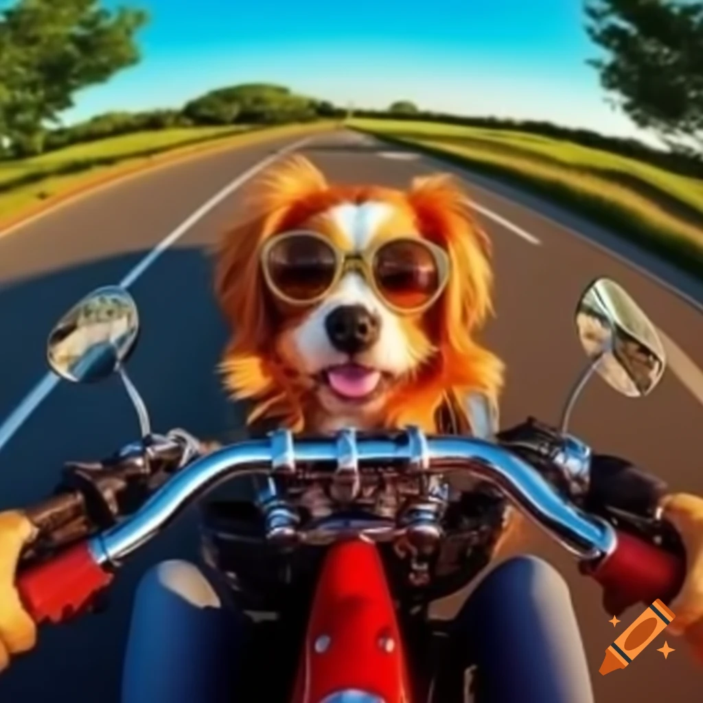 Dog riding a motorbike in a whimsical scene on Craiyon