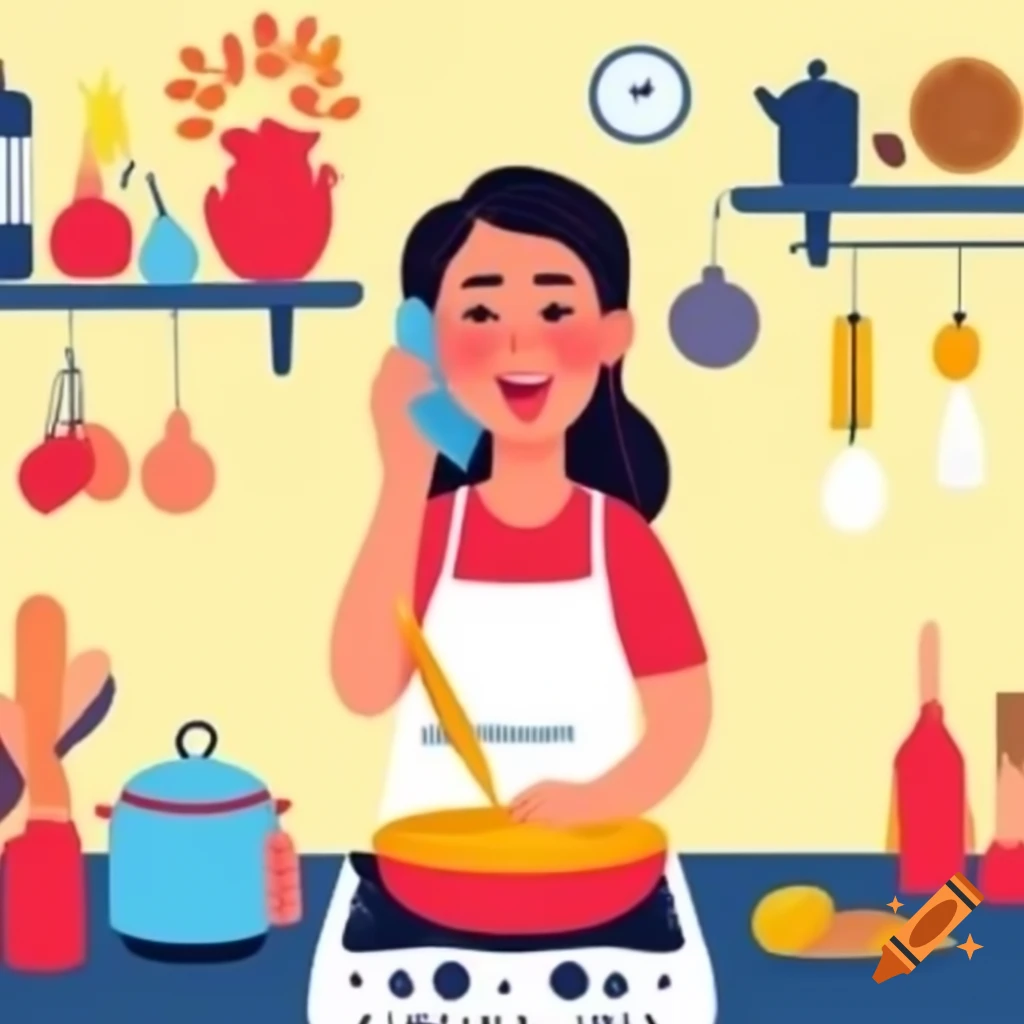 Mother cooking and talking on phone in cartoon style on Craiyon