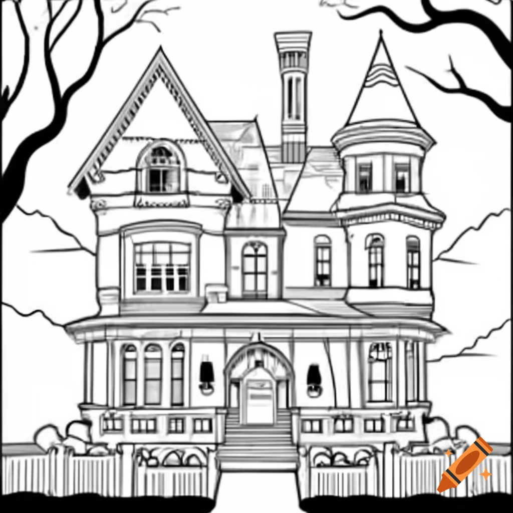 Cartoonish spooky Victorian mansion coloring page with bold line art on ...